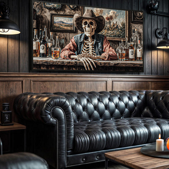 Skeleton Cowboy Barman At Western Saloon Wall Art | Tailored Canvases