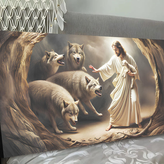 Jesus Protects The Lamb From Wolves Faith Wall Art II | Tailored Canvases