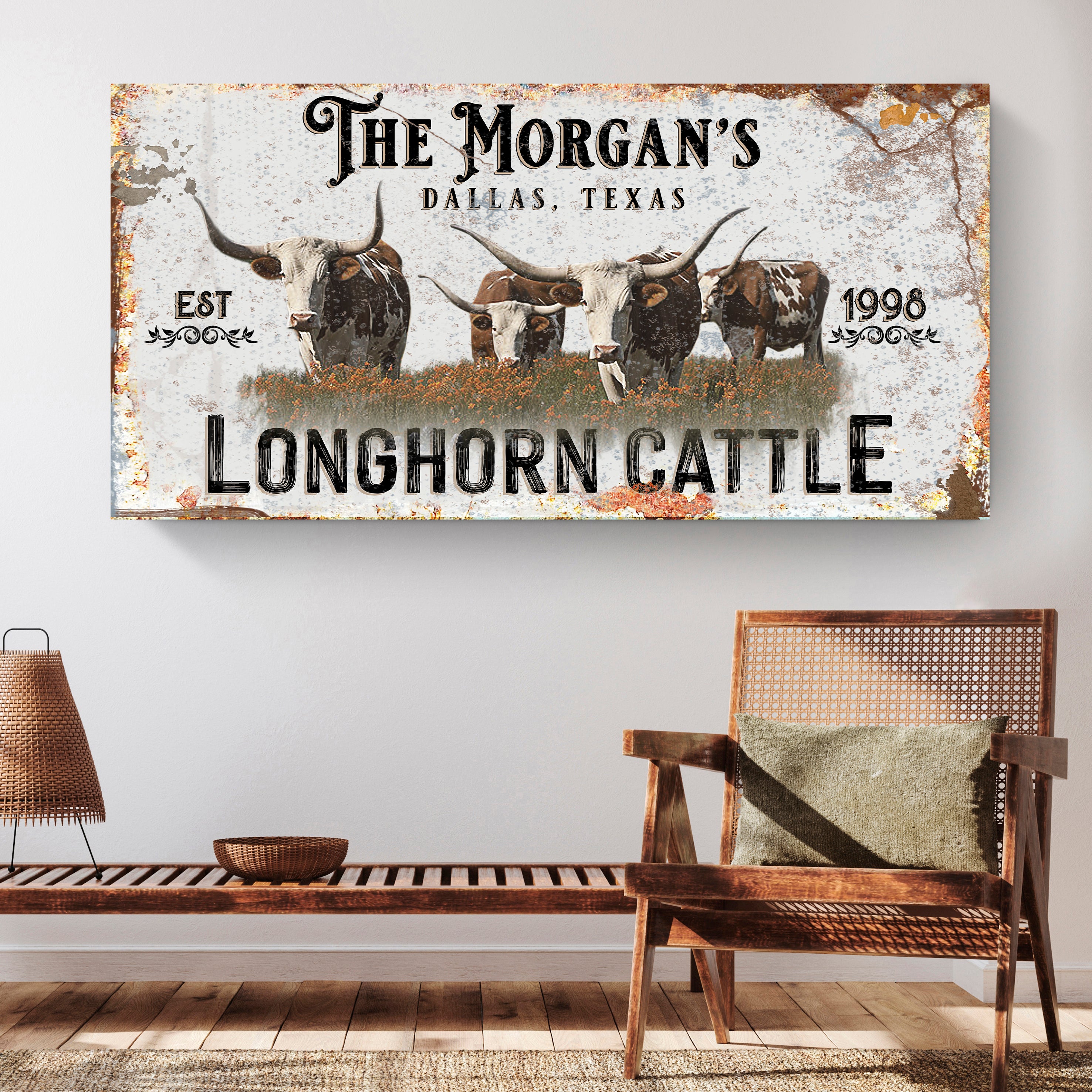 Personalized Long Horn Cattle Sign II | Tailored Canvases